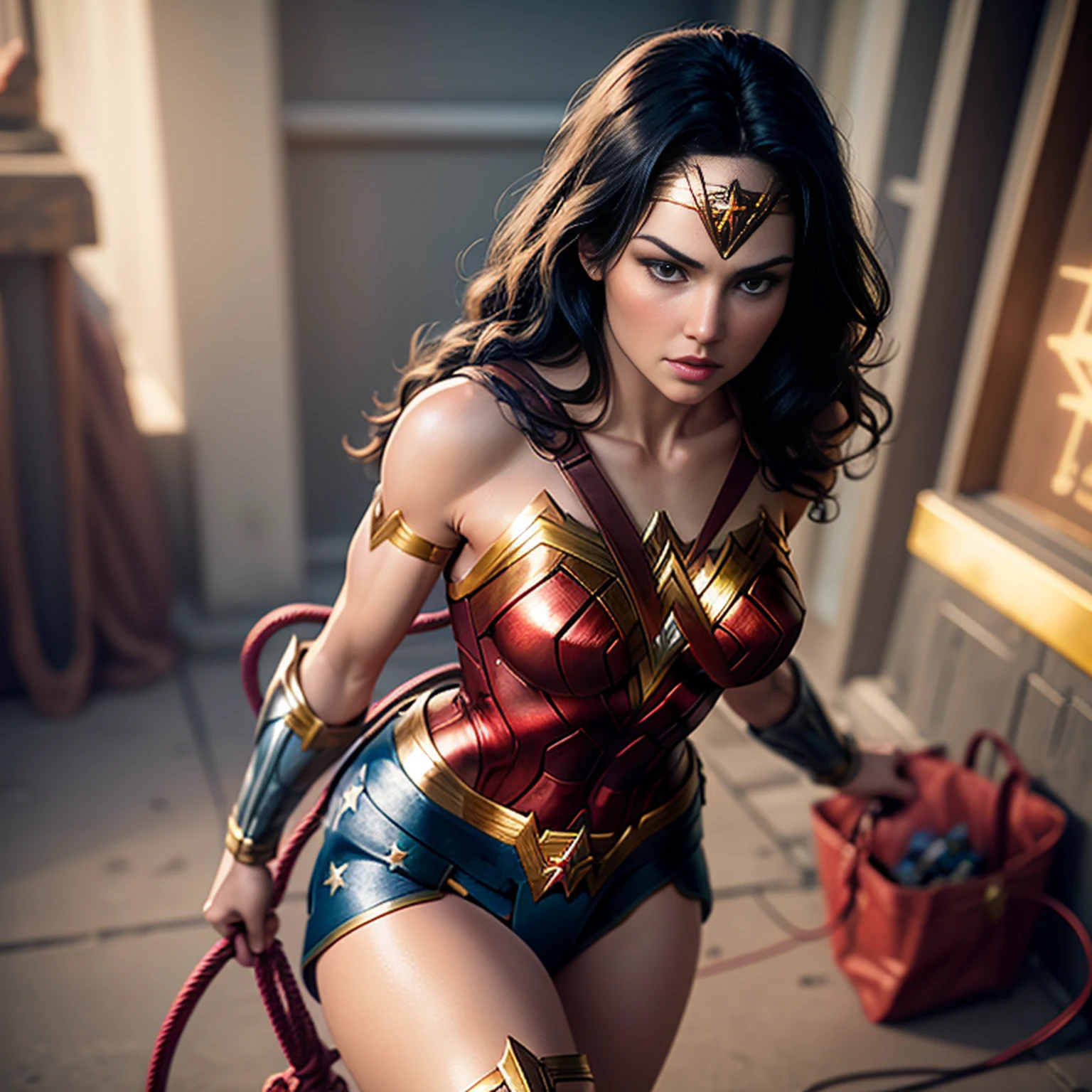 Wonder Woman with her shiny Lasso of Truth, photo-realistic, octan render, Motor irreal, ultra ...