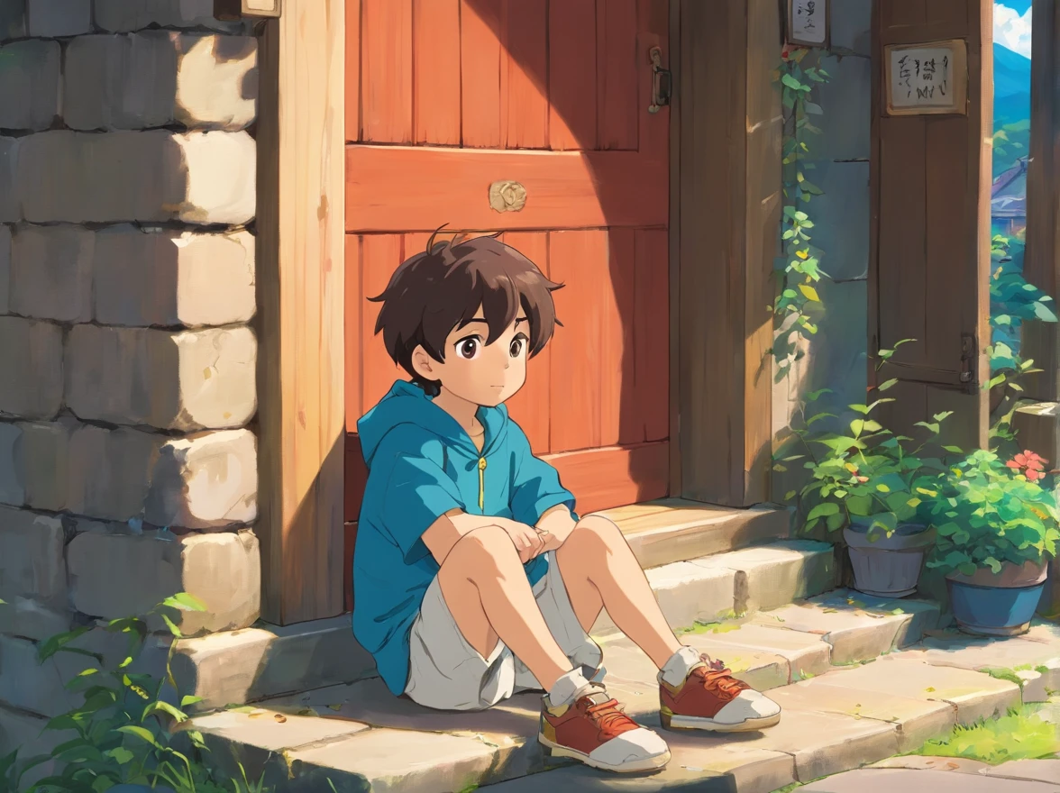 natta，A little boy sits alone on the threshold，A little boy sits alone on the threshold，Wear the ...