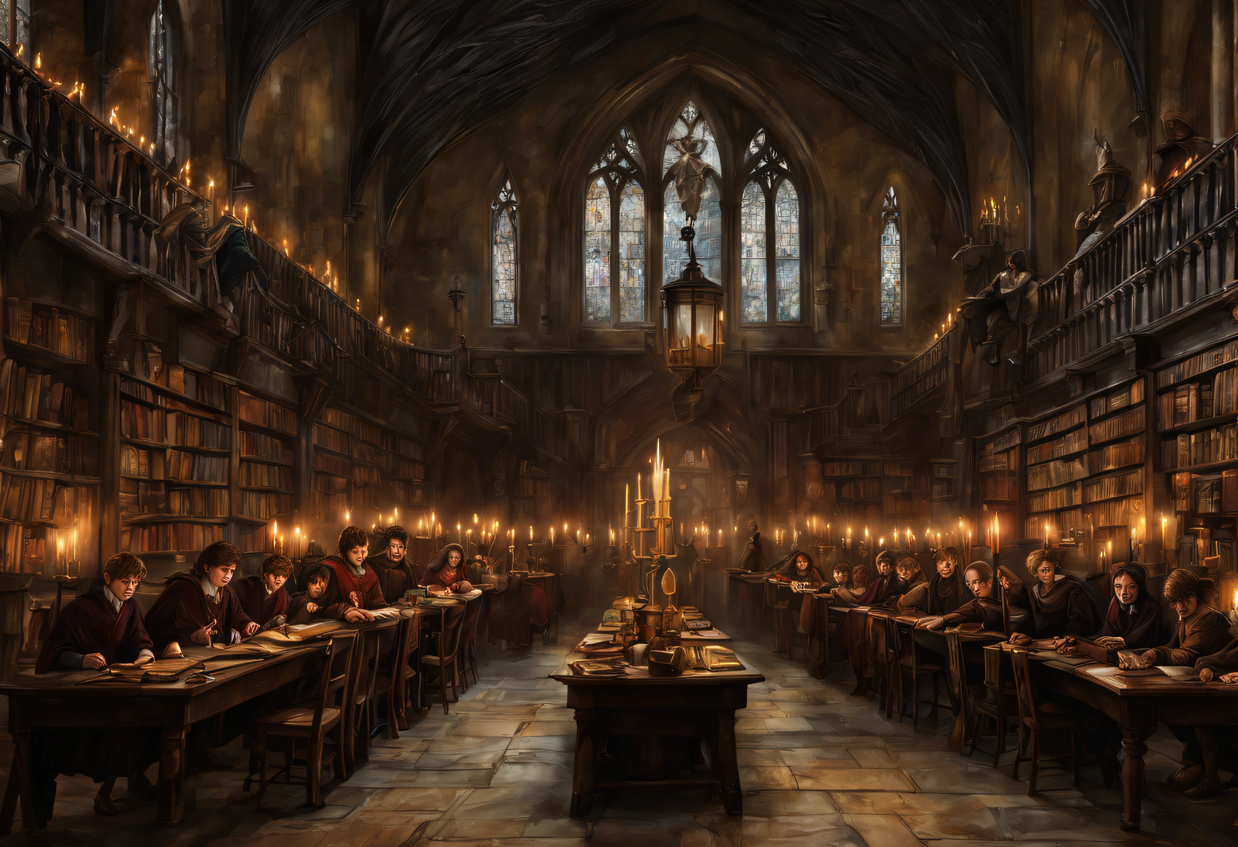 A group of people sitting at tables in a library with candles - SeaArt AI
