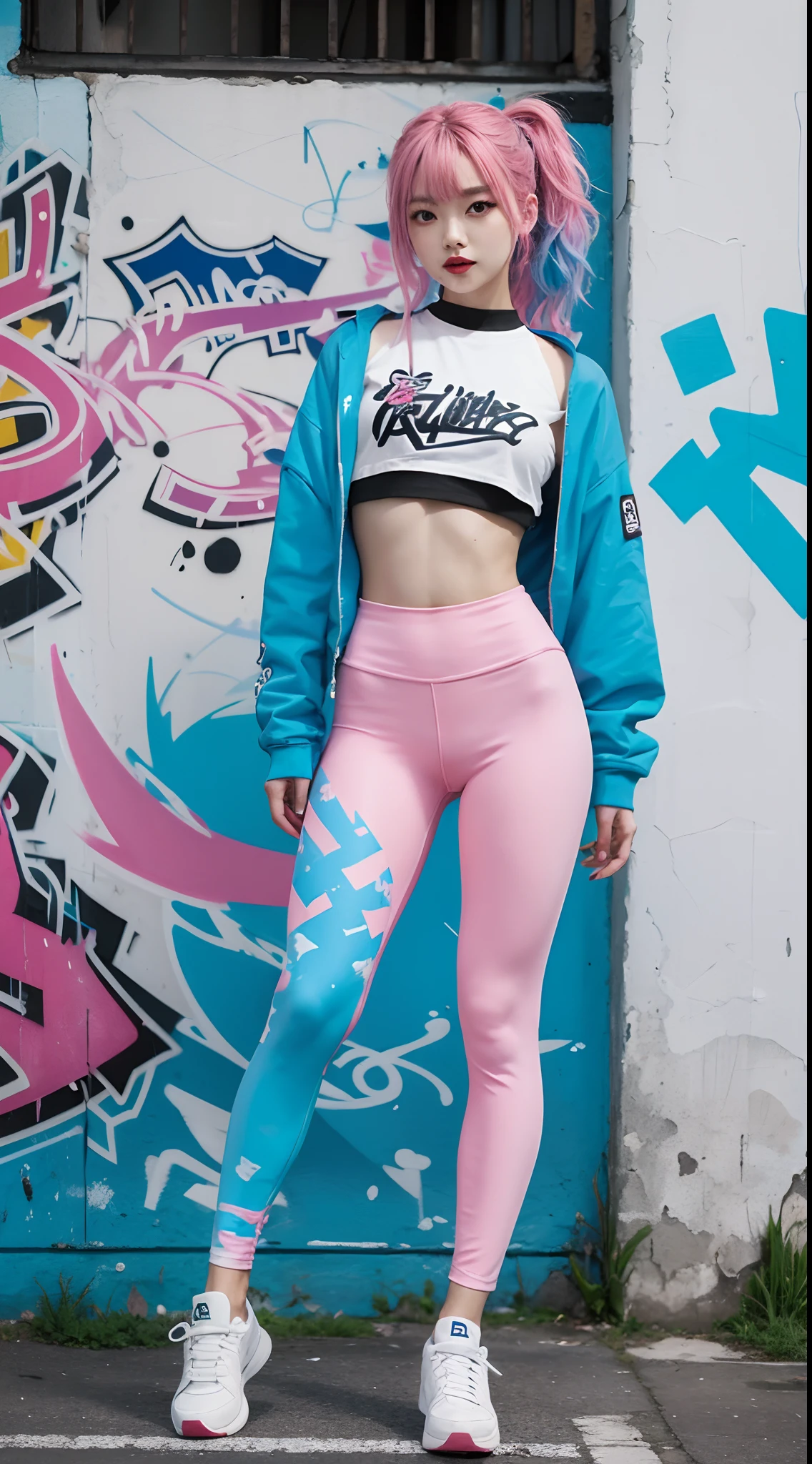 Arafed woman in pink and blue outfit standing in front of graffiti wall - SeaArt AI