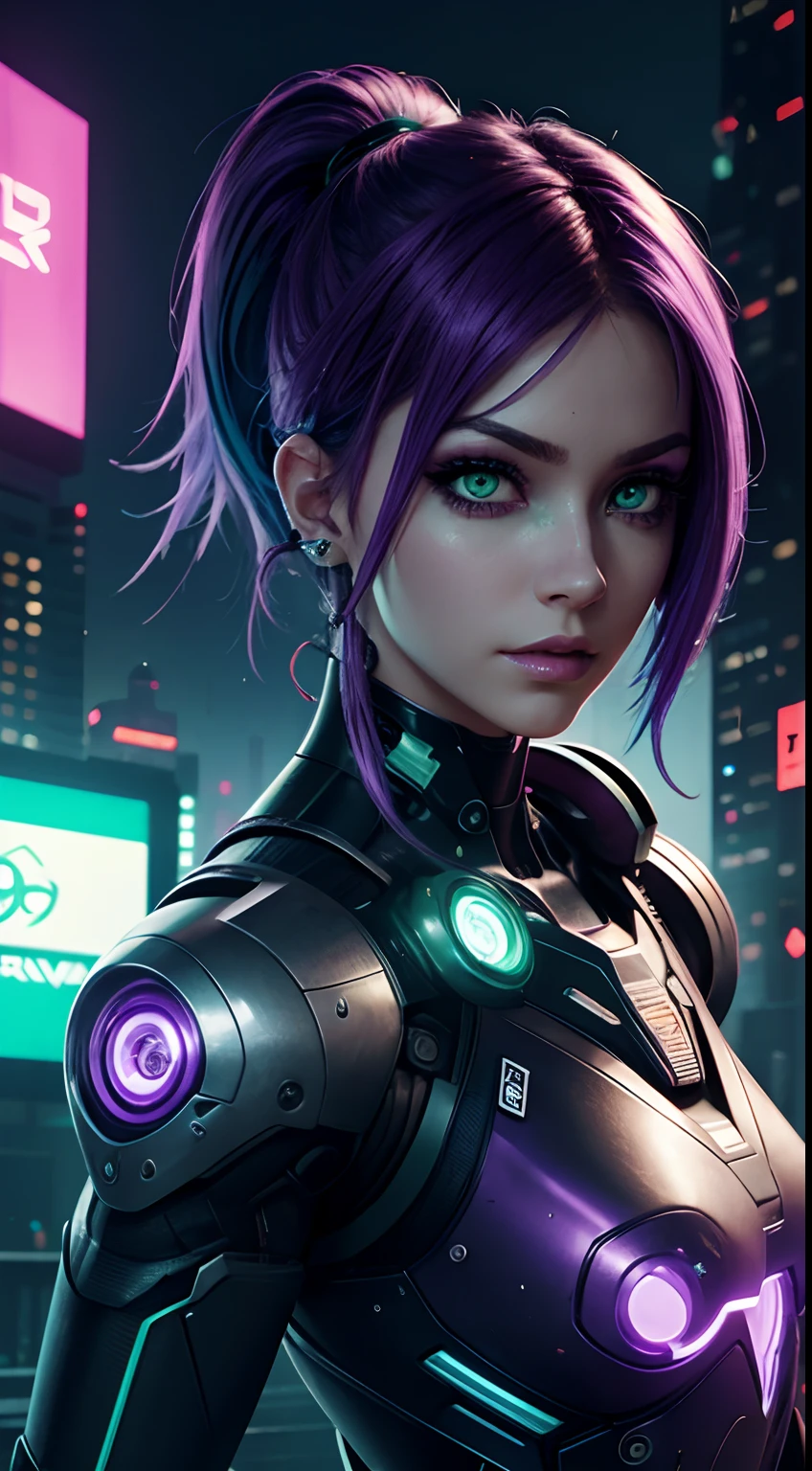 一位穿著未來主義西裝、紫色頭髮和紫色頭帶的女人 Seaart Ai