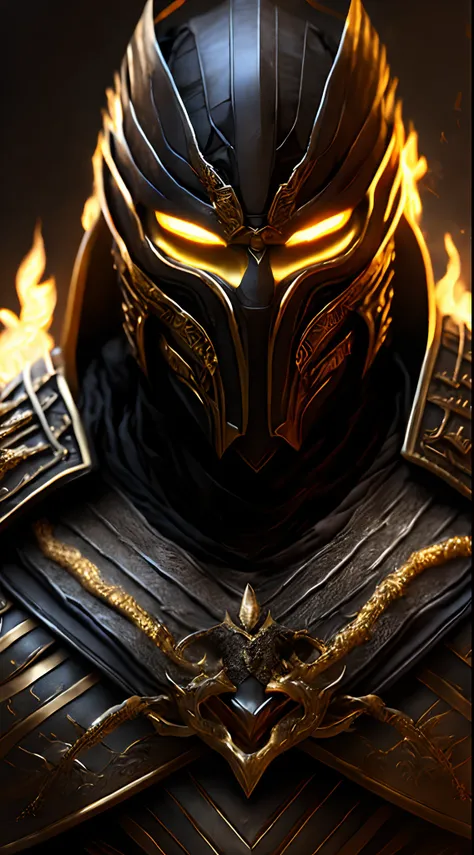 Scorpion from mortal Kombat, black gold armor,fire aura, mascular body ...