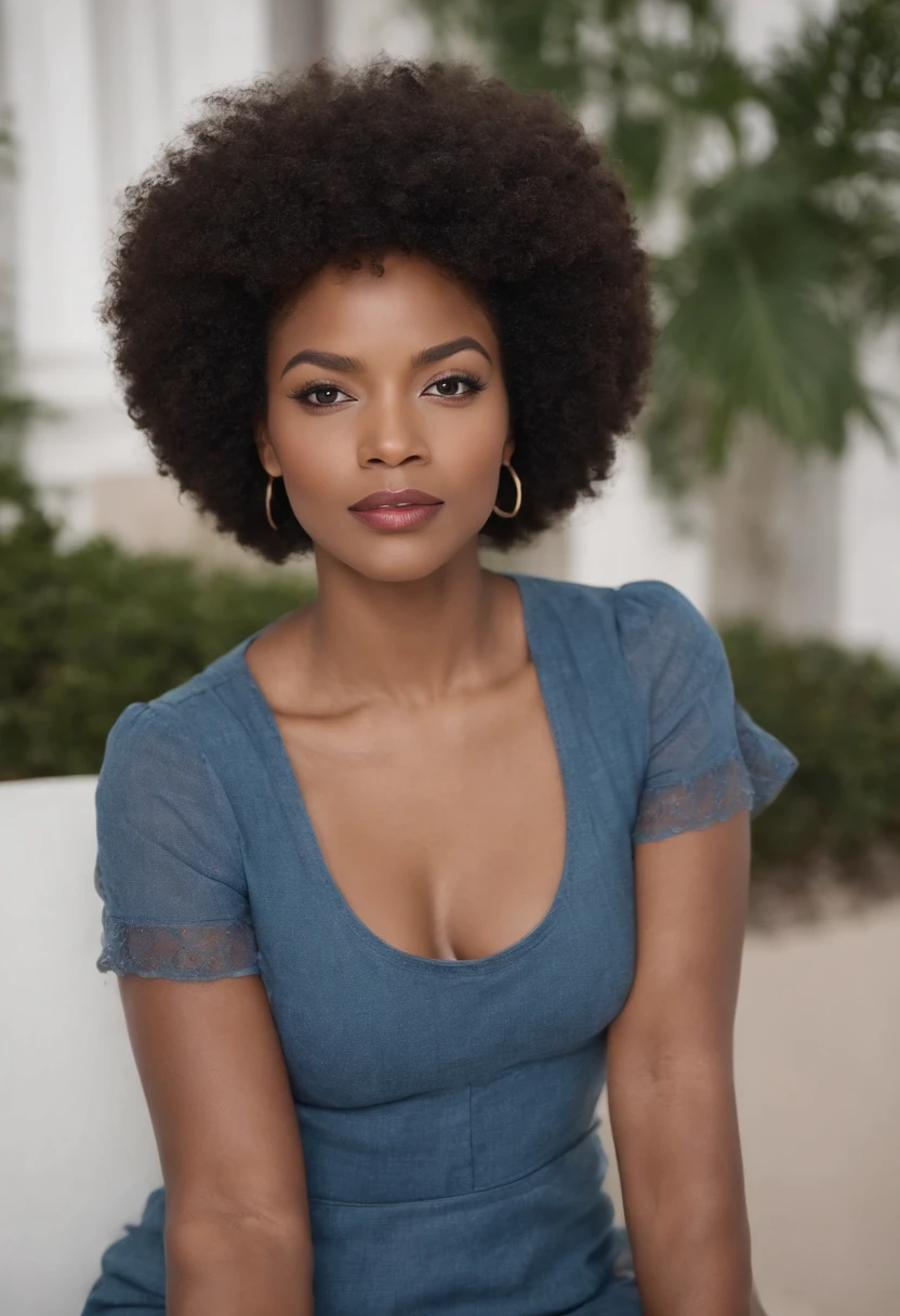 A close up of a woman with a big afro sitting on a bench - SeaArt AI