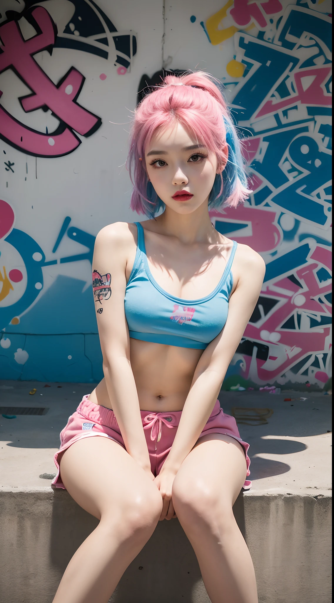 Arafed woman with pink hair sitting on a ledge in front of a graffiti wall - SeaArt AI