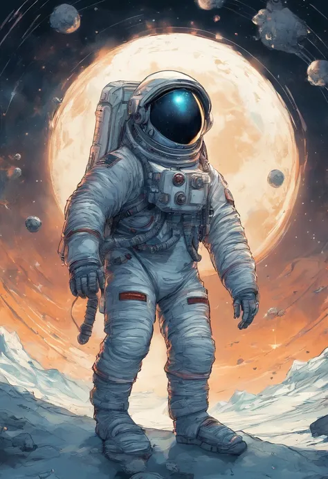 A Yeti astronaut floating in space in the distant center holding a beer, 1/4 of earth in the ...