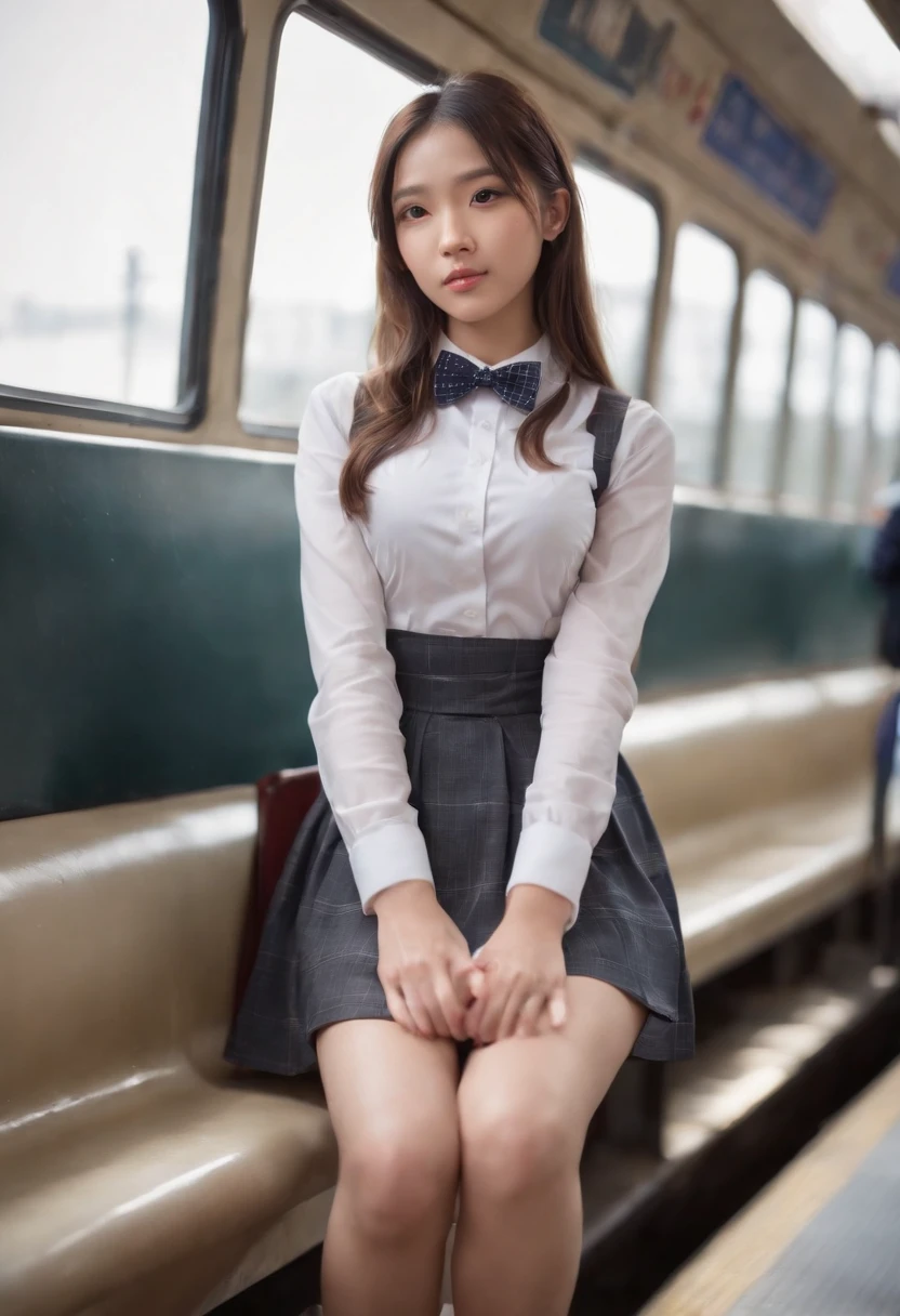 Arafed woman sitting on a bench in a train station - SeaArt AI