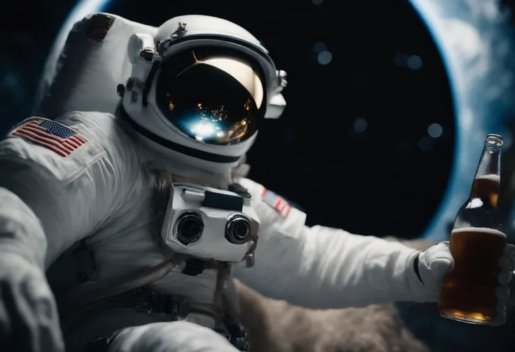 An astronaut in a yeti costume floating in space, in the distant center holding a beer, 1/4 of ...