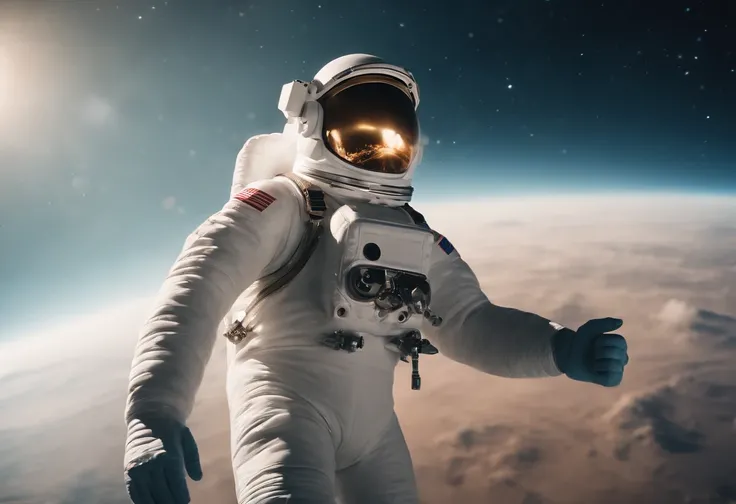 An astronaut in a yeti costume floating in space, in the distant center holding a beer, 1/4 of ...