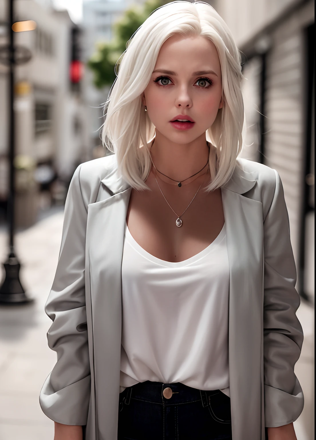 A woman with white hair and a white shirt is standing on a street - SeaArt AI
