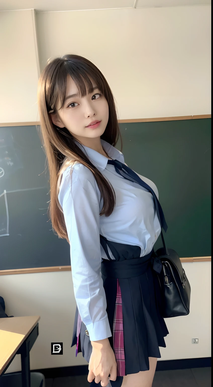 Arafed asian woman in a school uniform posing in front of a blackboard - SeaArt AI
