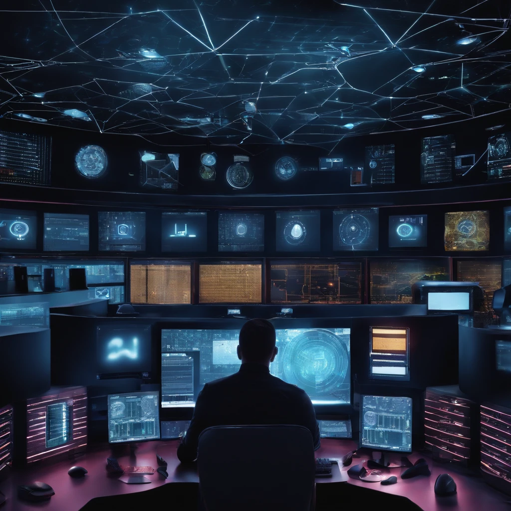 A man sitting at a desk in front of multiple monitors - SeaArt AI