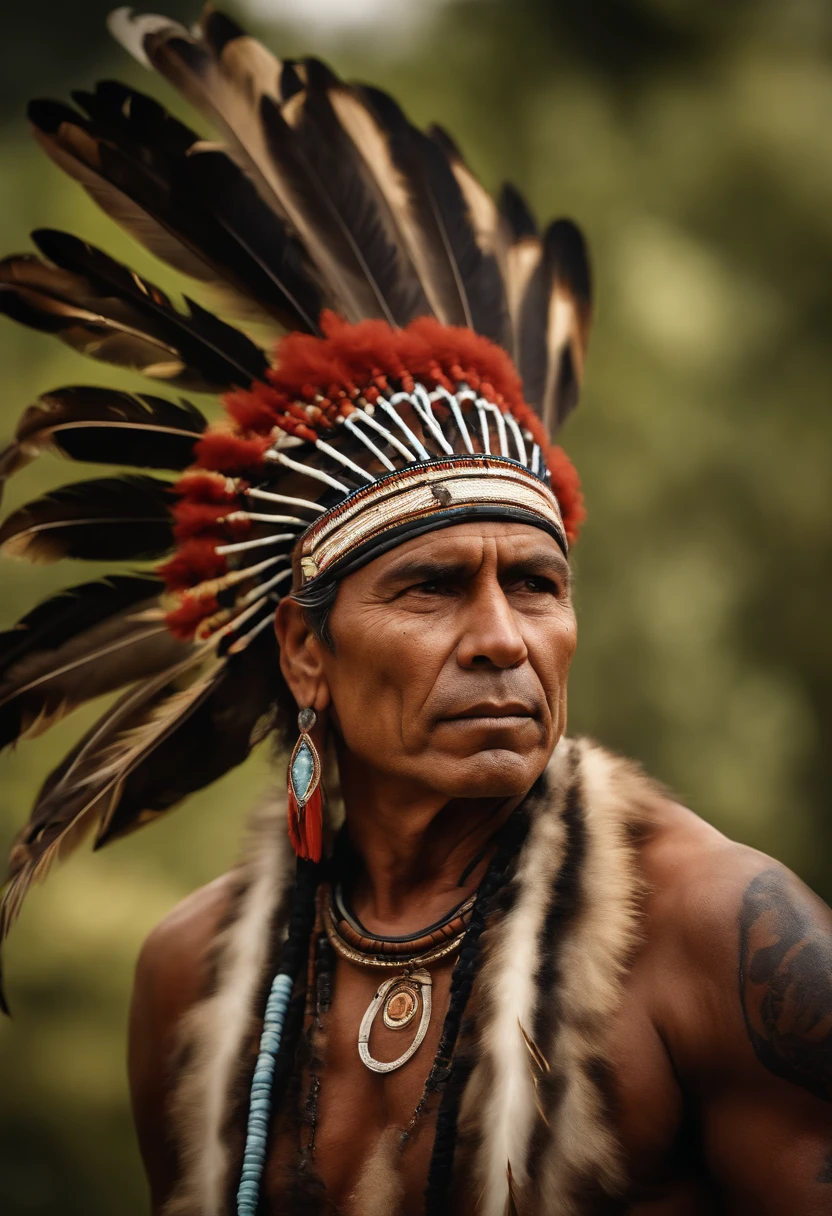 Imagen cinematográfica hiperrealista de un indio nativo con plumas en la cabeza, arte nativo ...