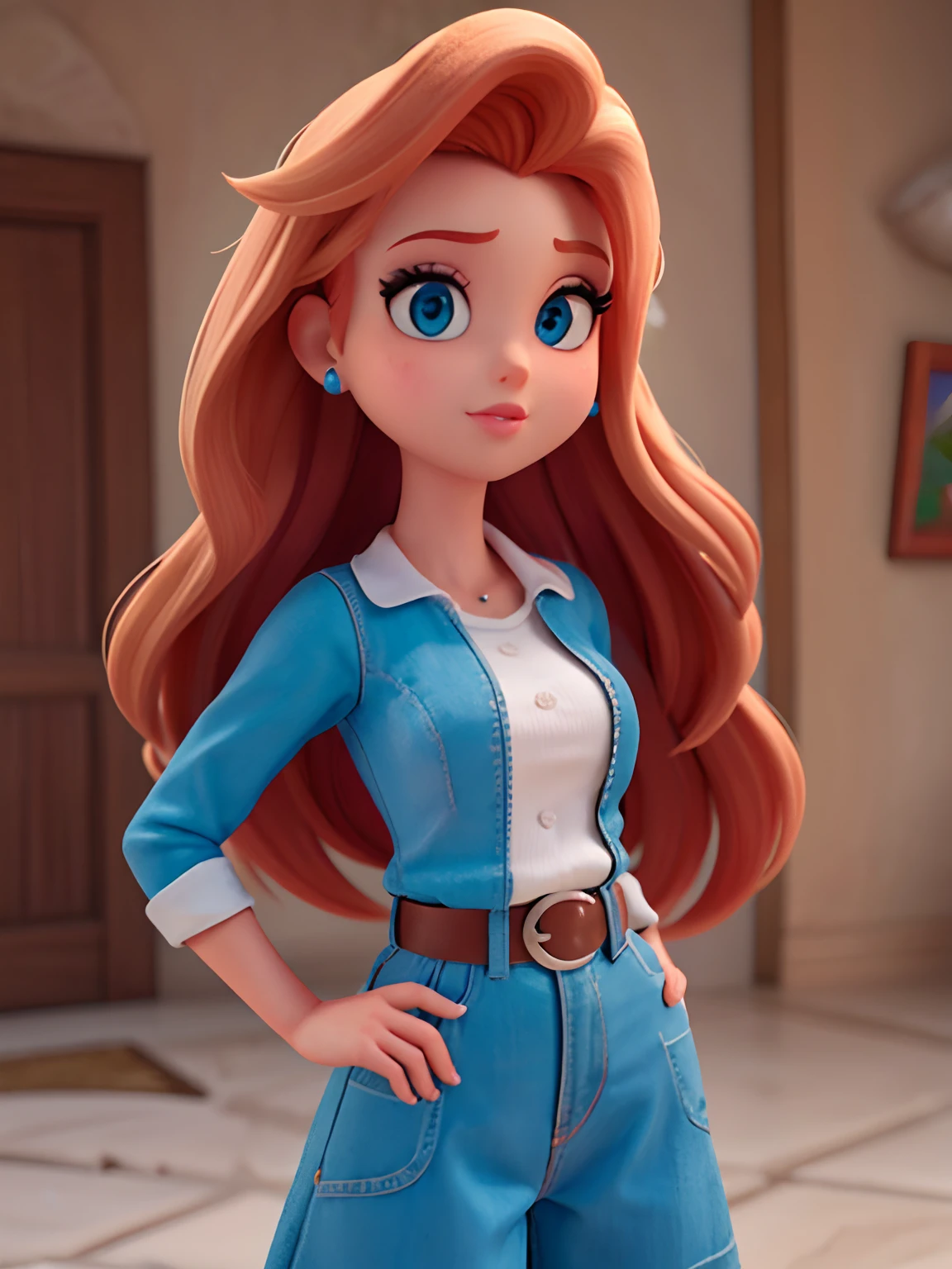 A cartoon girl with long hair and blue shirt and jeans - SeaArt AI
