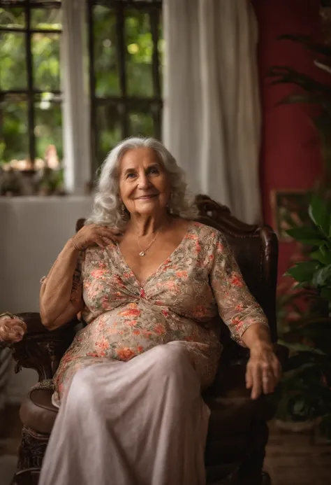 mulher branca idosa de 70 anos, cabelos grisalhos em coque, She's wearing a dress and has an ...