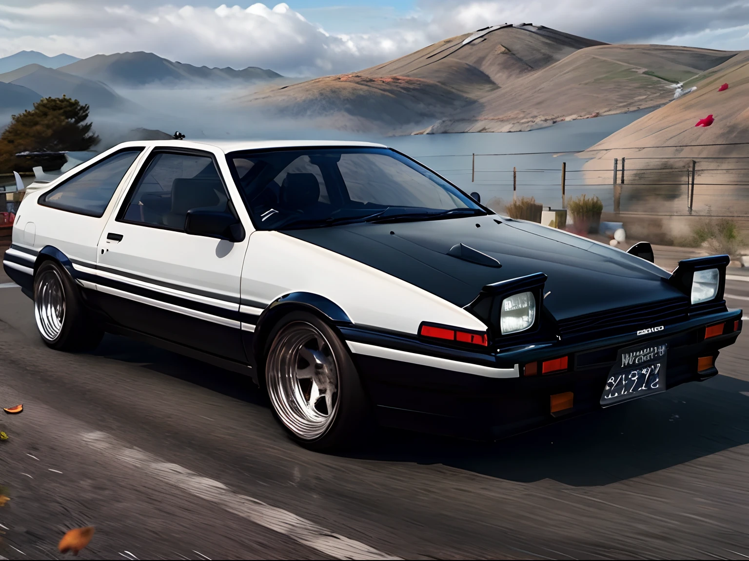32Kウルトラハイビジョン、AE86、超リアルなAE86、(紅葉の背景)、峠での写真撮影、AE86 ブラックアロイホイール、(サンダーパンダ) - SeaArt AI