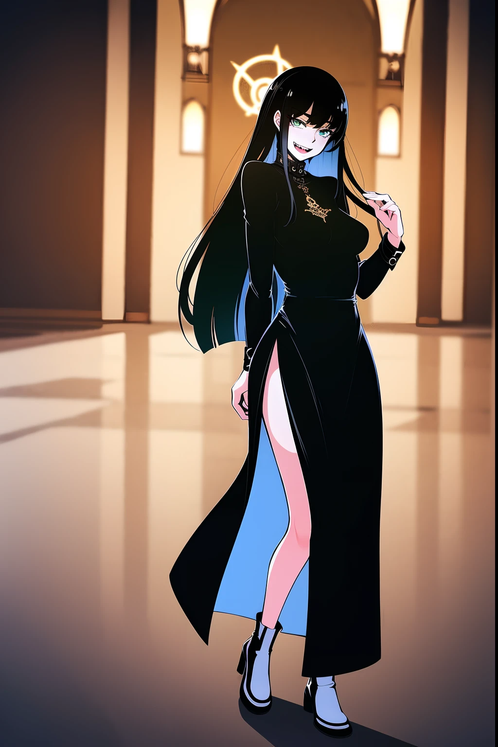 A cartoon of a woman in a long black dress standing in a room - SeaArt AI