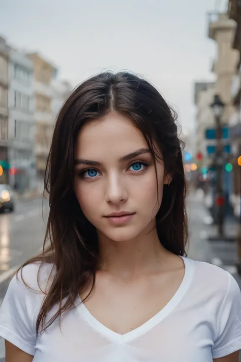 Photo of a 20 year old brunette woman, that has a very natural face, thin lips, thin eyes, thin ...