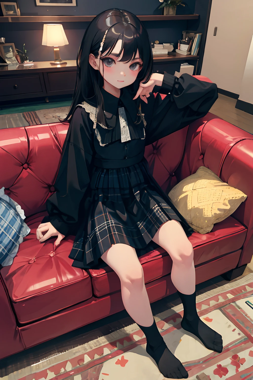 Anime girl sitting on a red couch with a black shirt and plaid skirt ...