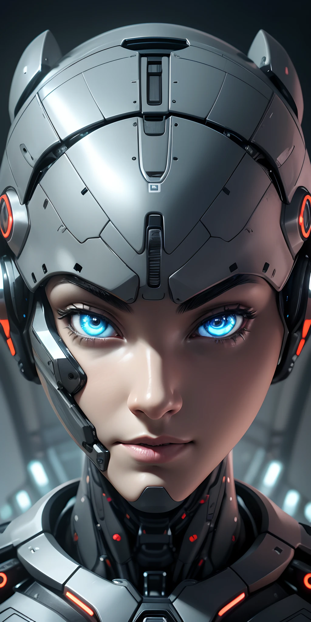 A robot with a human appearance, with well-defined and expressive facial features, such as ...