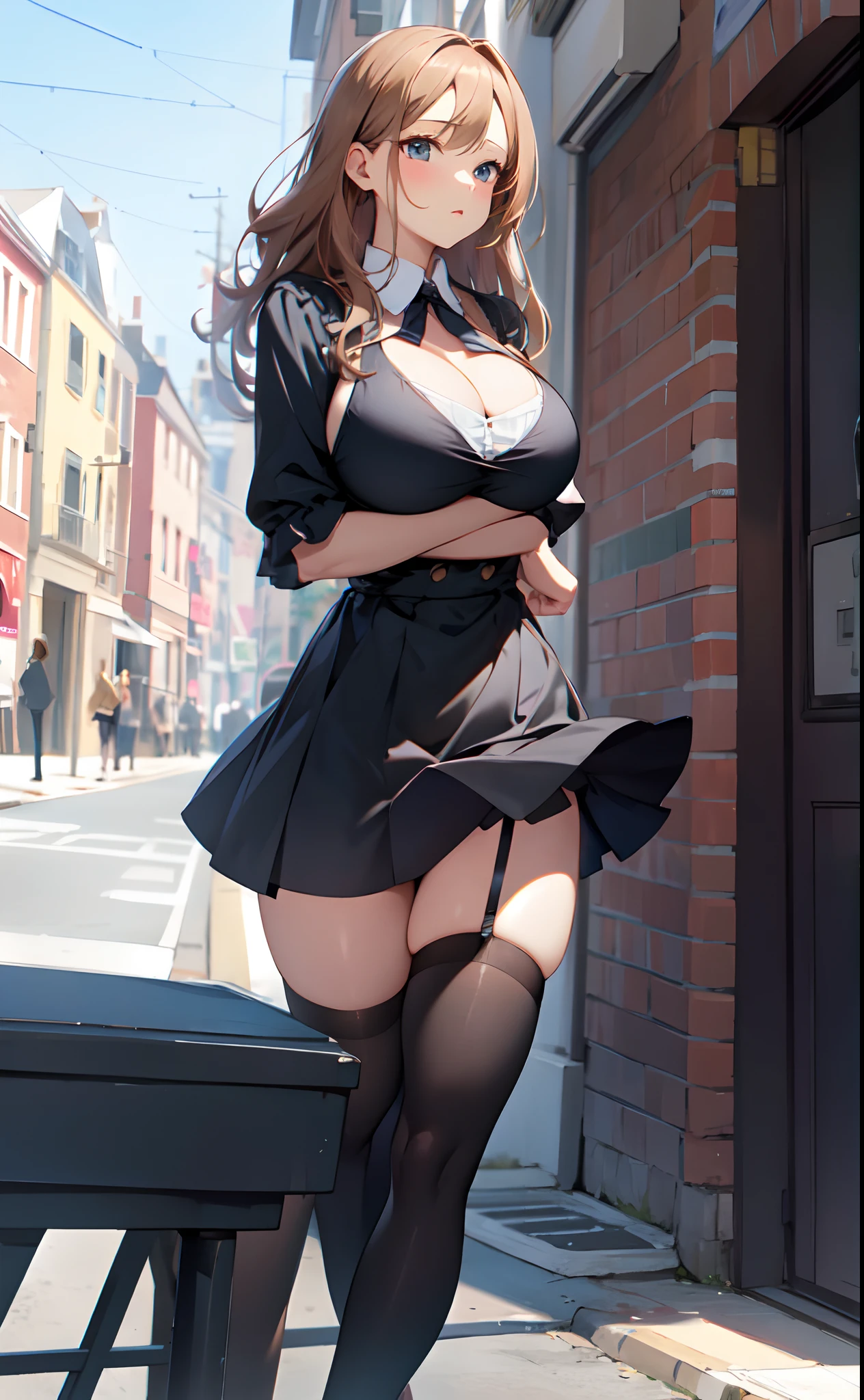 Huge breasts, black thighhighs, dress with mini skirt - SeaArt AI
