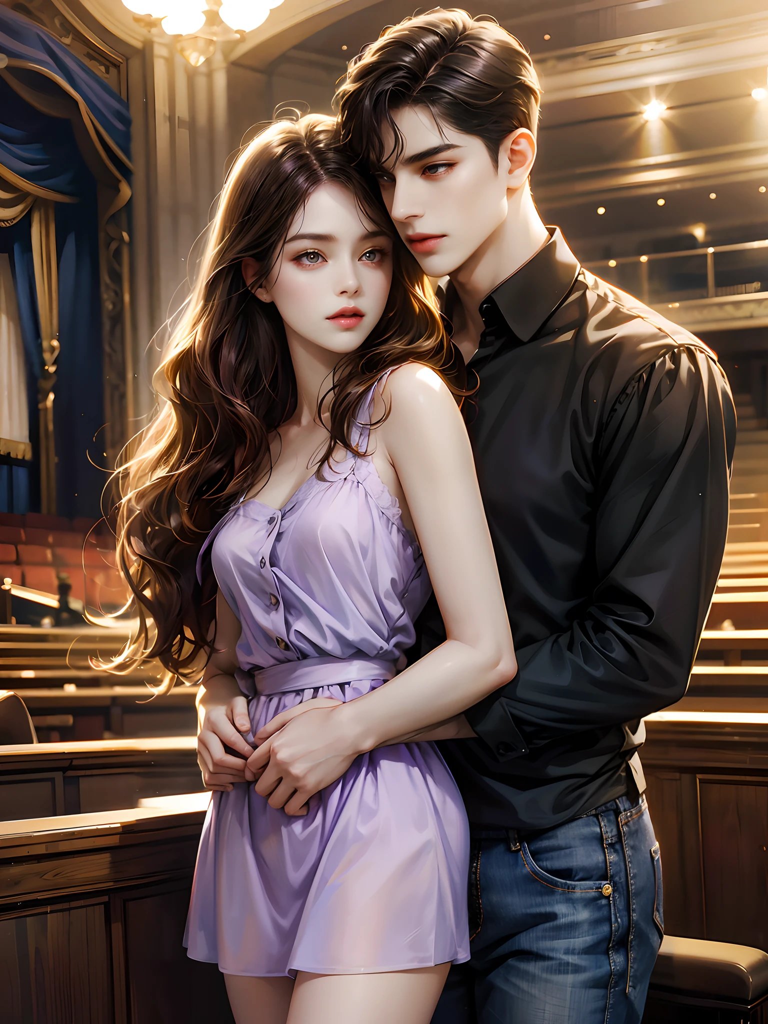 the couple hugs, the girl wears a shirt purple dress, the boy wears jeans - SeaArt AI