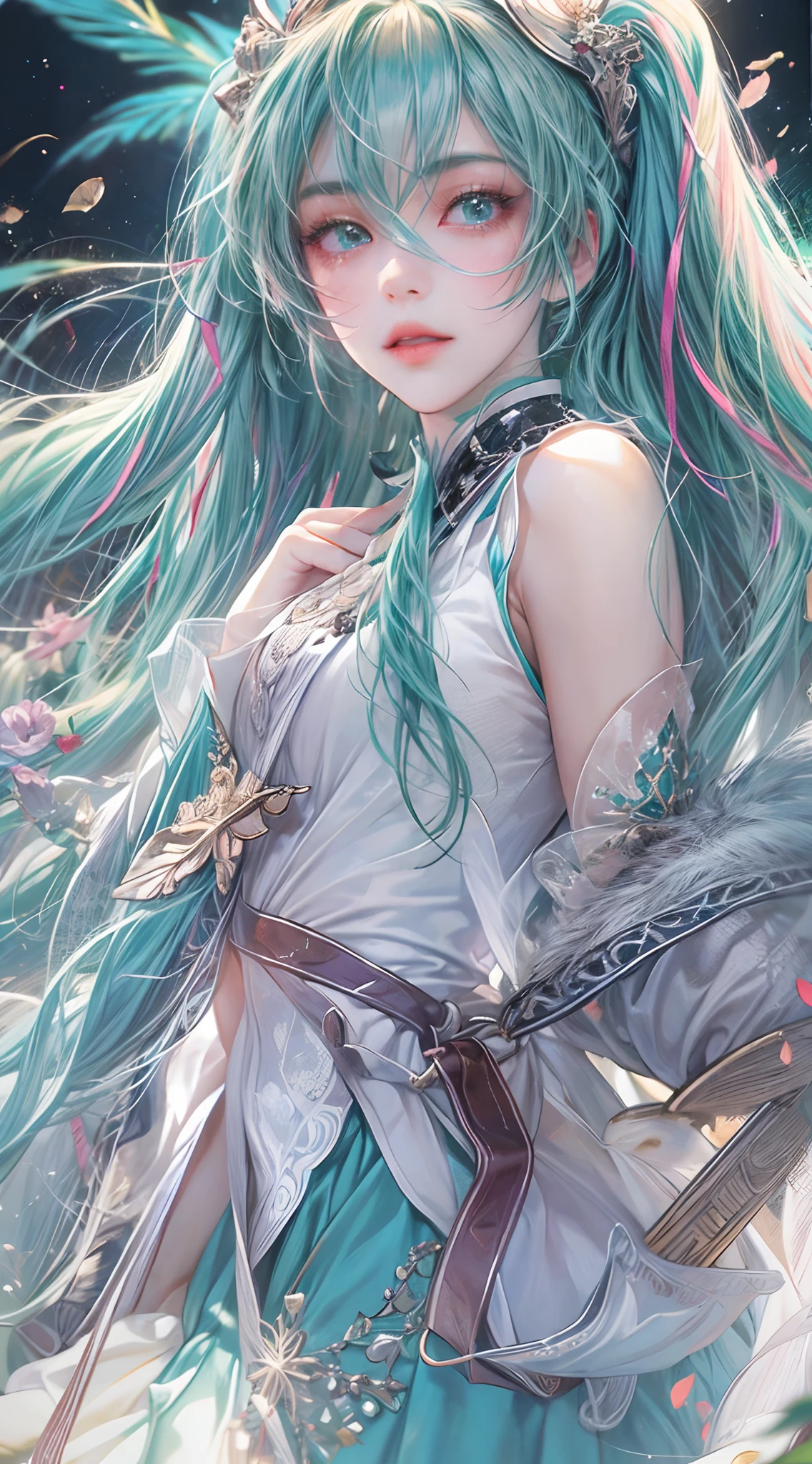 A woman with long blue hair and a white dress with a flower in her hair - SeaArt AI