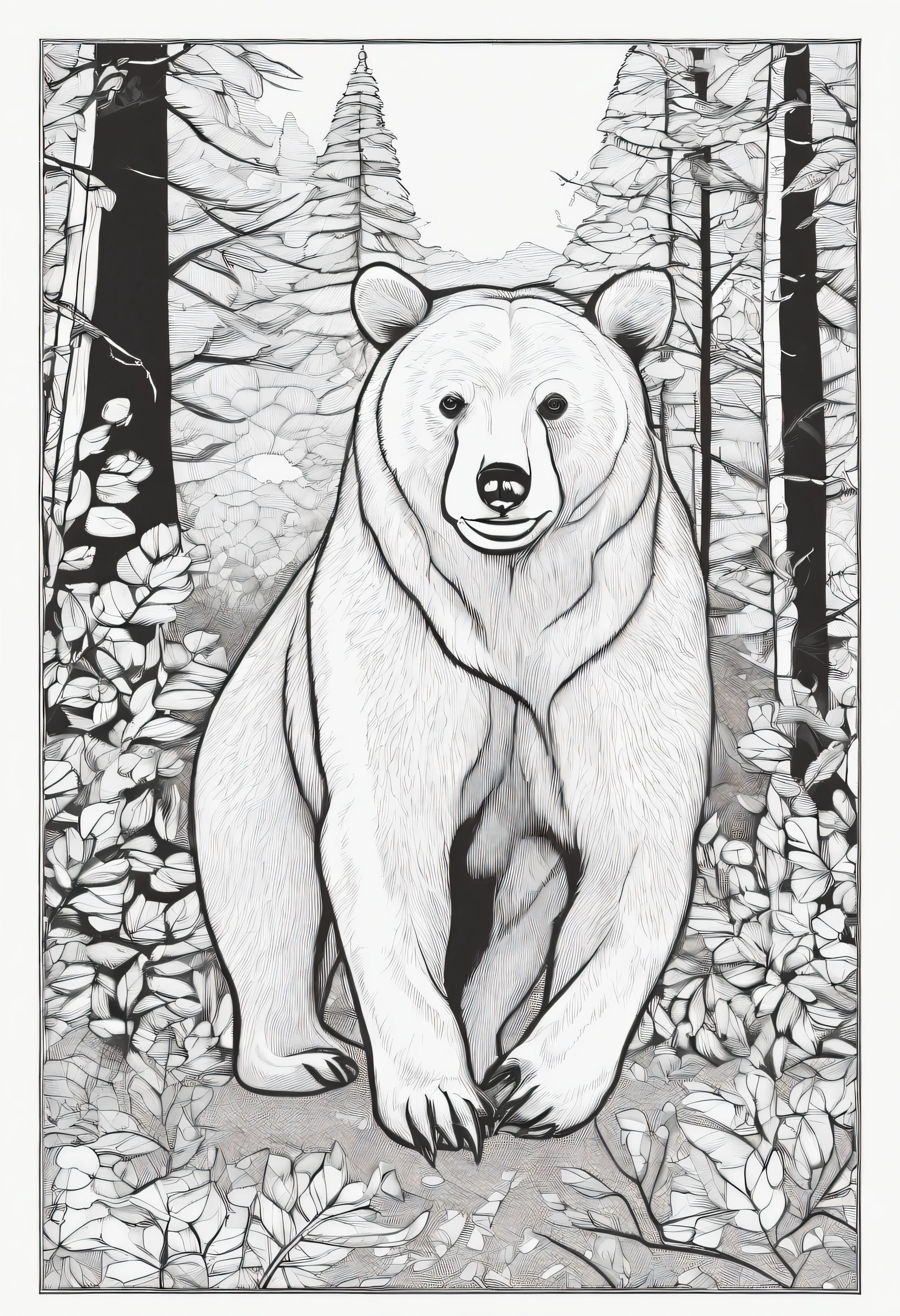 A drawing of a bear in a forest with trees and leaves - SeaArt AI