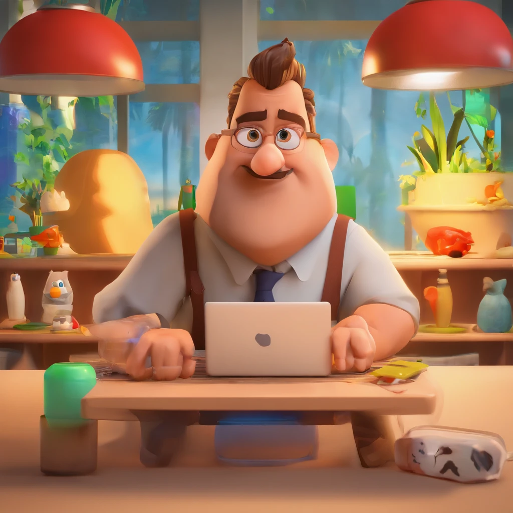 A close up of a cartoon character sitting at a table with a laptop ...
