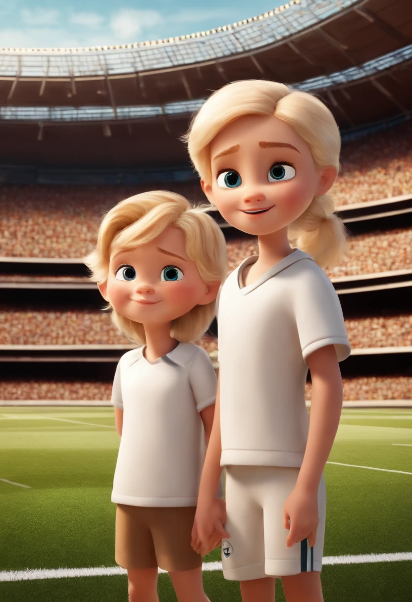 A couple of cartoon characters standing next to each other on a field ...