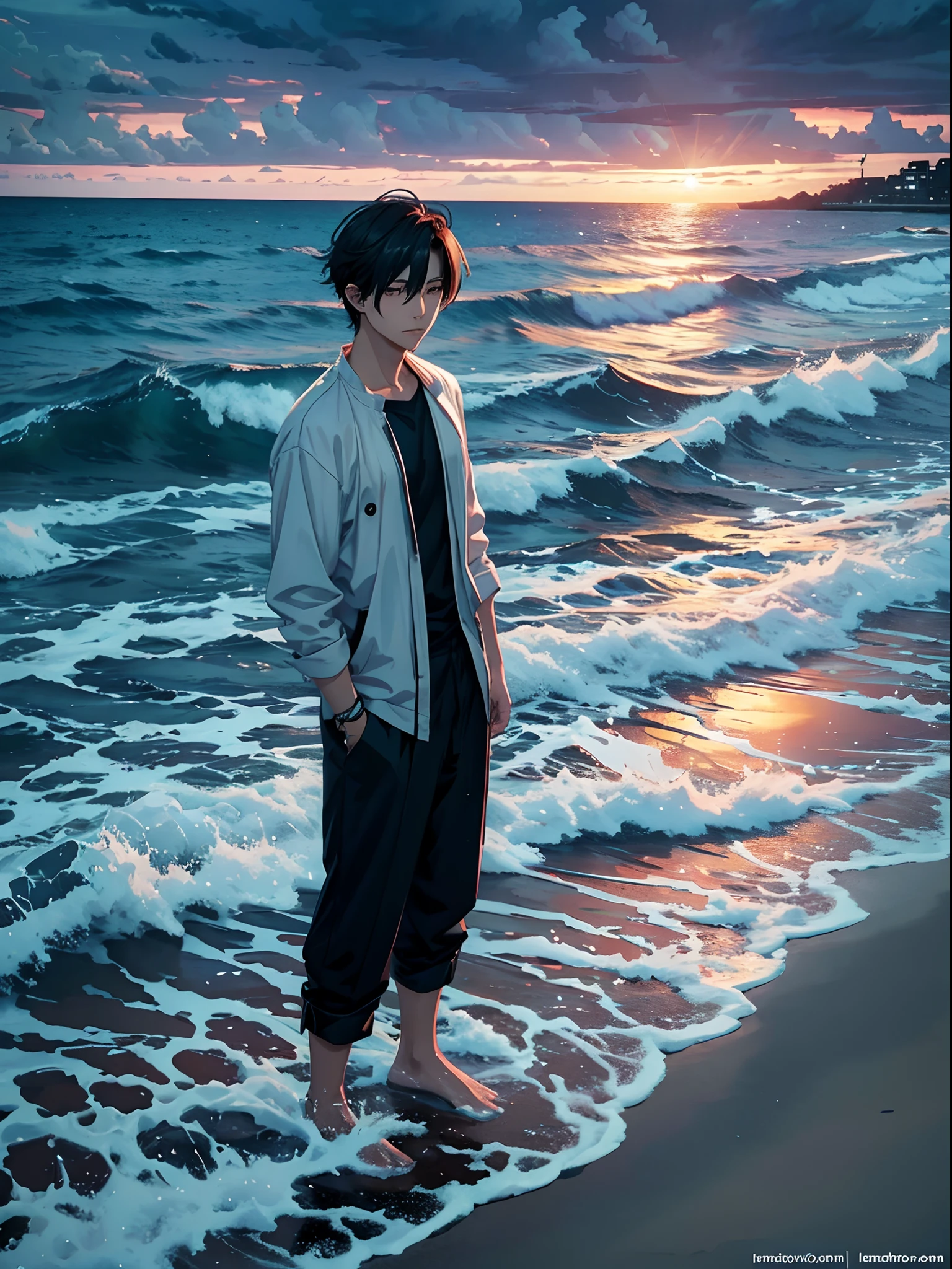 Anime boy standing on the beach at sunset with his hands in his pockets ...