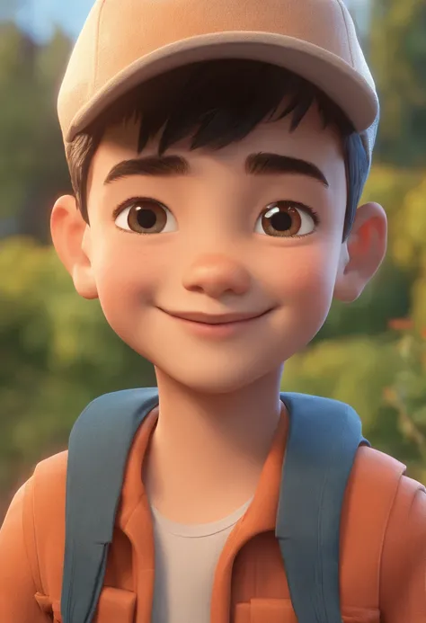 pixarstyle a waist-length portrait of a little boy, smirk, cap, nature ...