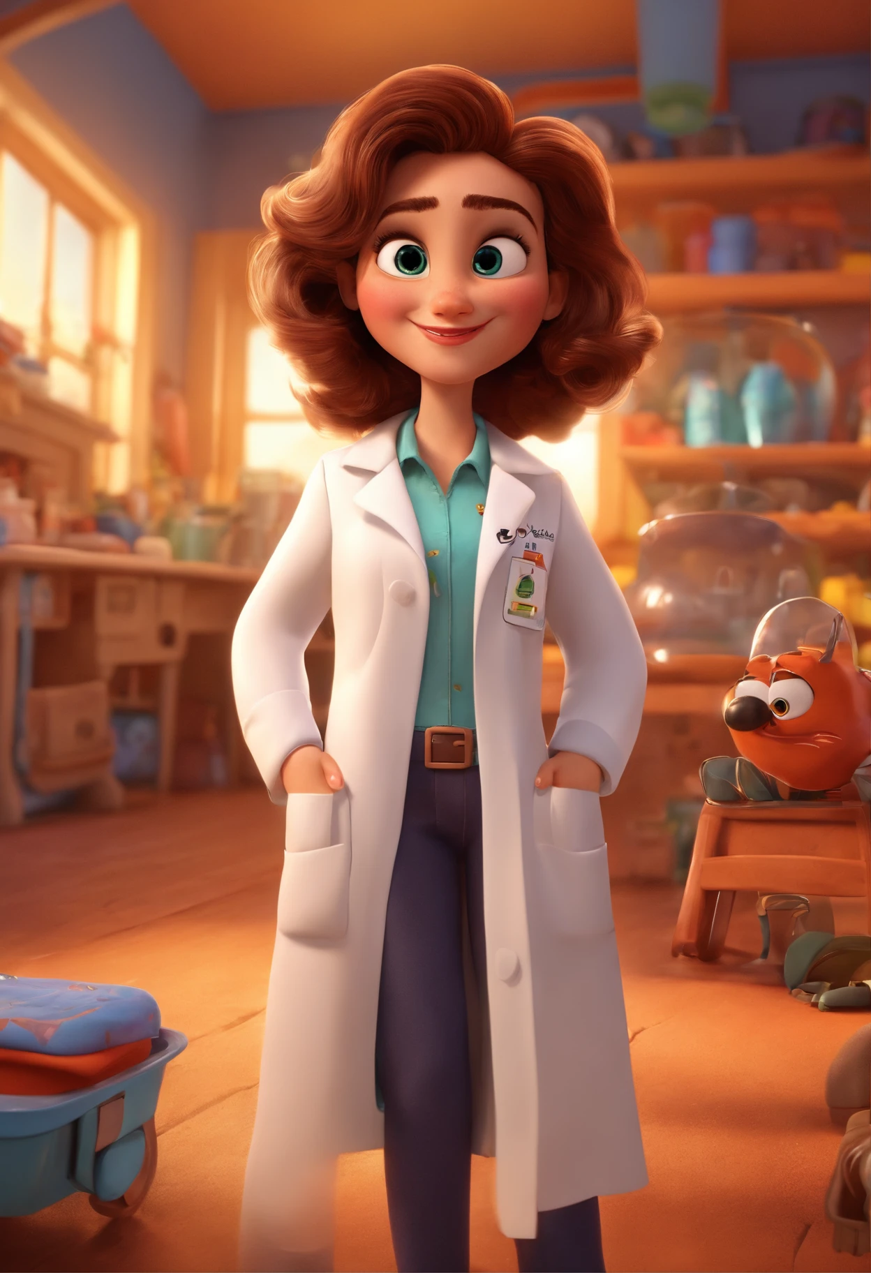 A cartoon character in a lab coat standing in a room - SeaArt AI