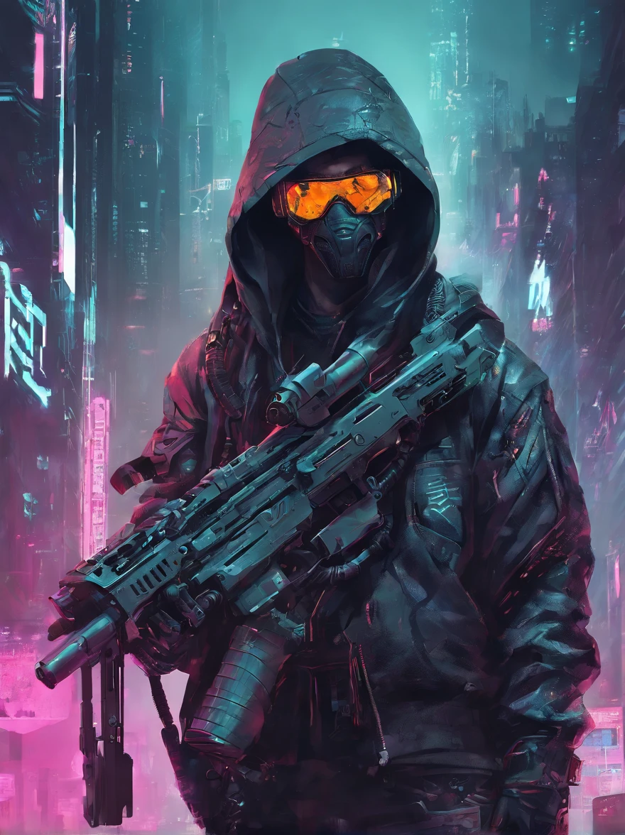 cyberpunk hacker, holding a futuristic rifle, male - SeaArt AI