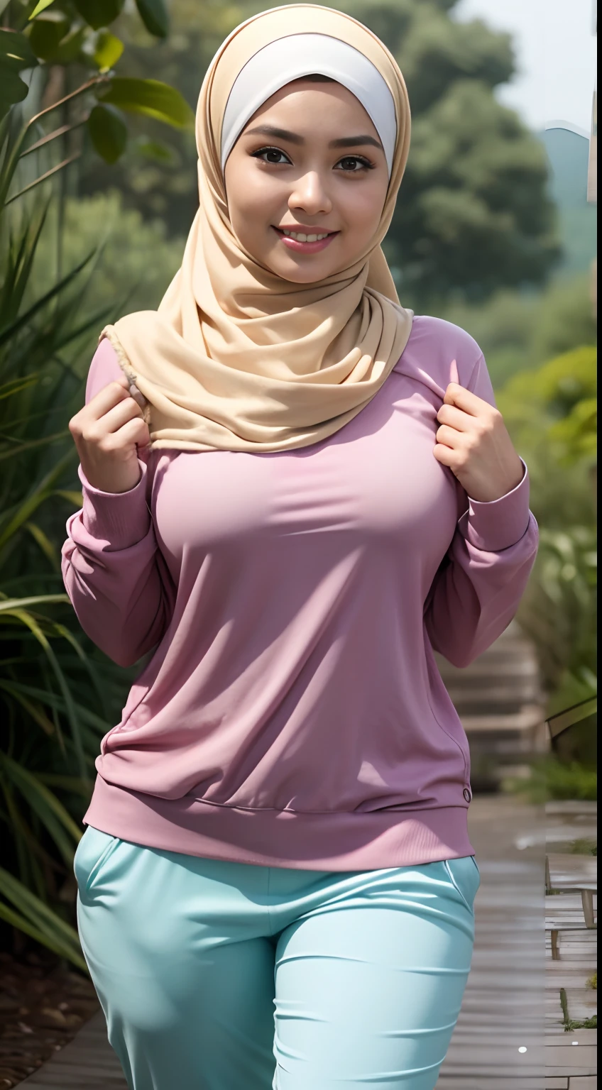 Arafed woman in a pink shirt and blue pants posing for a picture - SeaArt AI