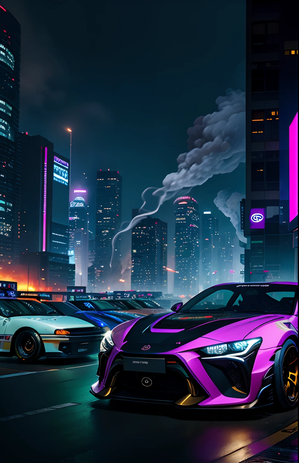 Cyberpunk Hypercar、Soft colors、Swirling color smoke、legends、Cityscape、kosmos、Toyota AE86 Trueno ...