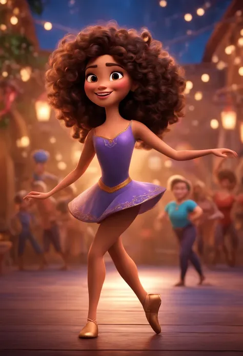 Pixar style image with 3D character brunette woman big curly hair lit ...