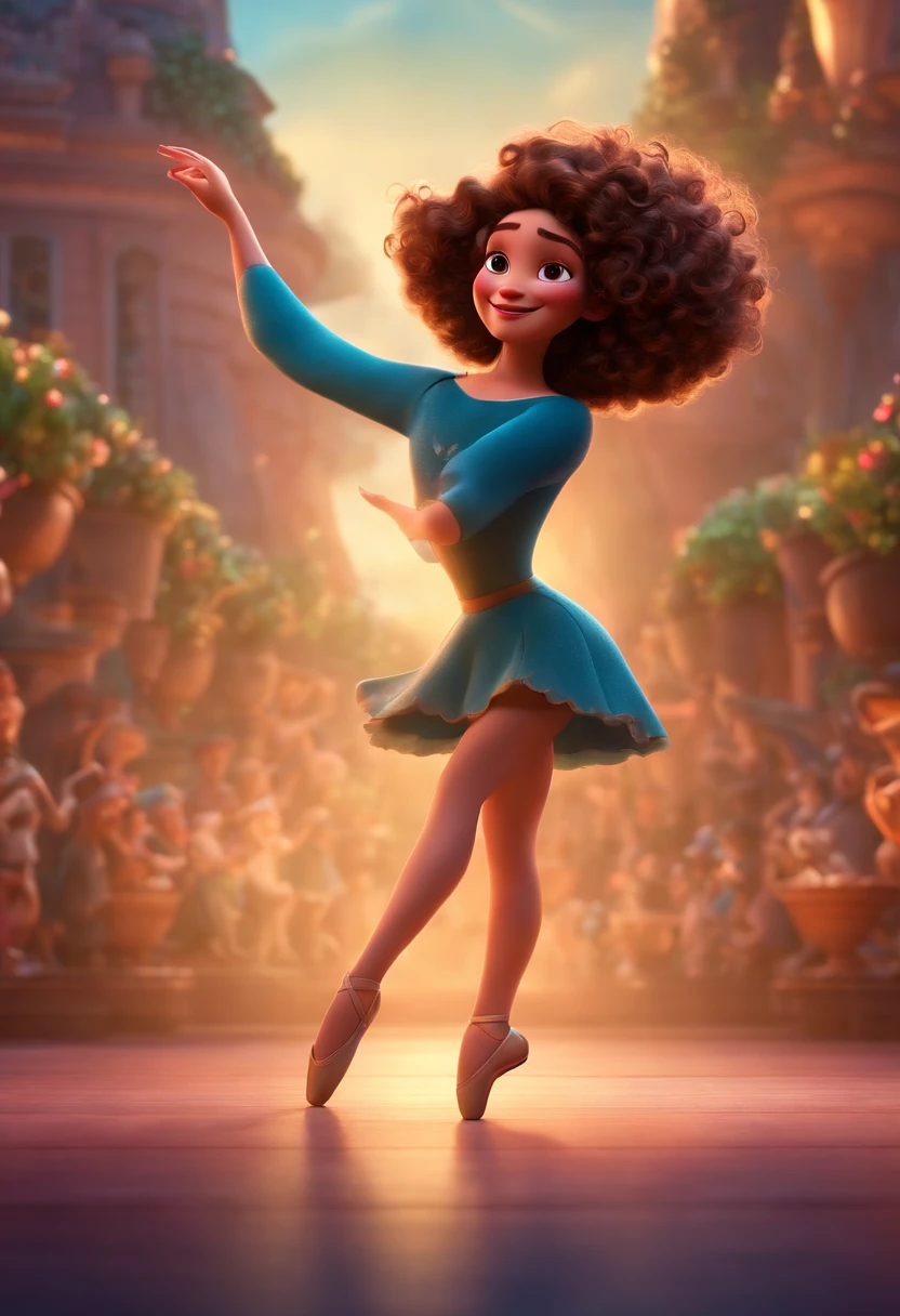 Pixar style image with 3D character brunette woman big curly hair lit ...