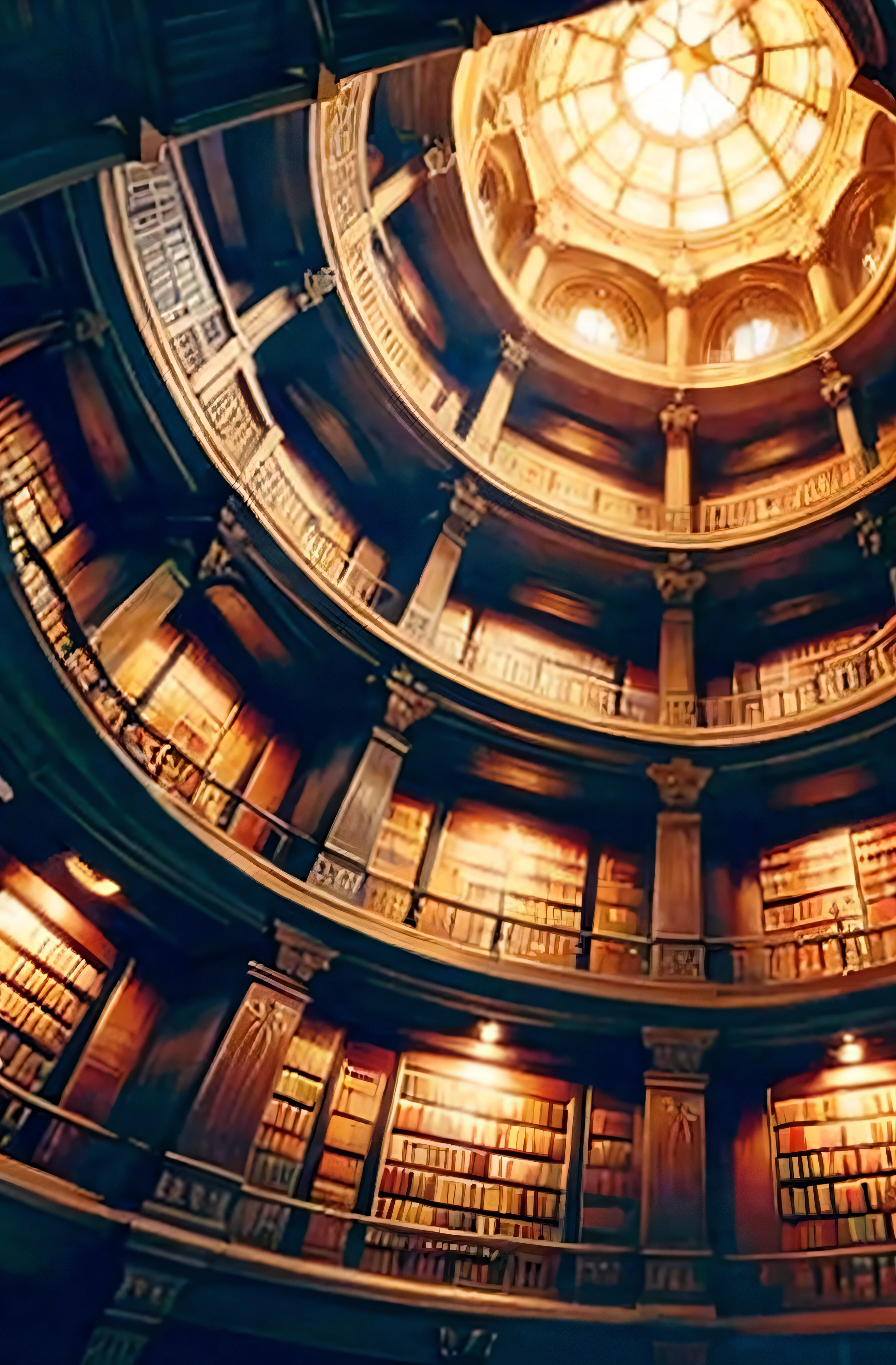 A close up of a circular room with a ceiling full of books - SeaArt AI
