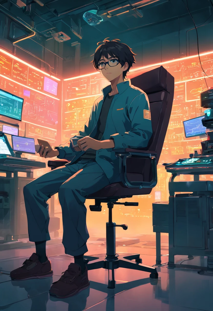 A man sitting in a chair in front of a computer desk - SeaArt AI