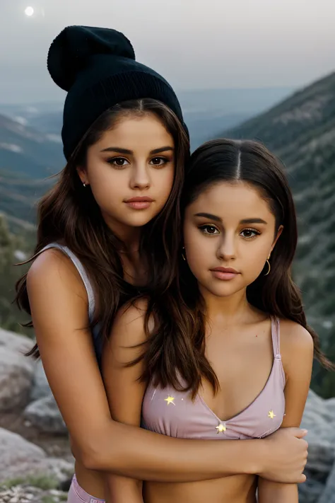 Two girls, 2 women, ((2girls)), Selena Gomez and Ariana Grande , (Hug) fron behind - SeaArt AI