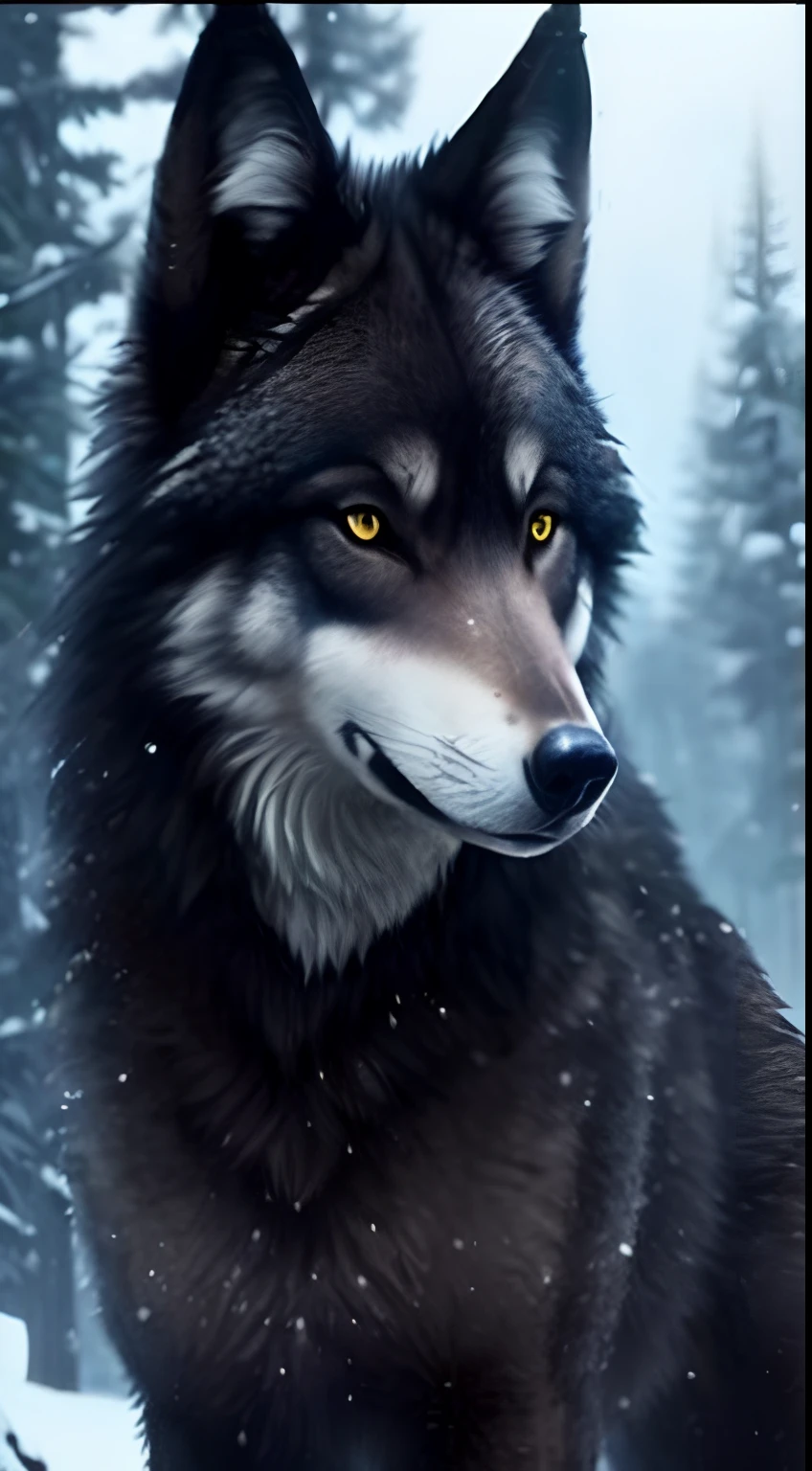 A closeup of a wolf standing in the snow near trees, foto de lobo, Lobo Negro, Angielobo, lobo ...