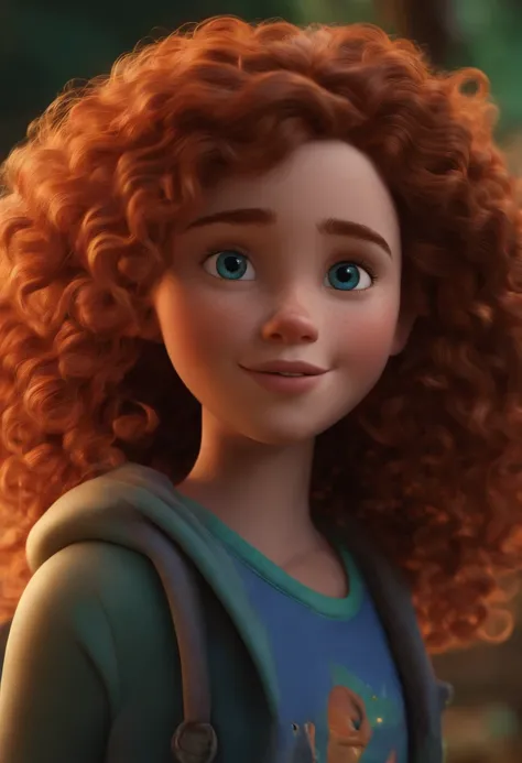 pixar stile 3d, cartoon ,thirteen year old girl with freckles and long ...