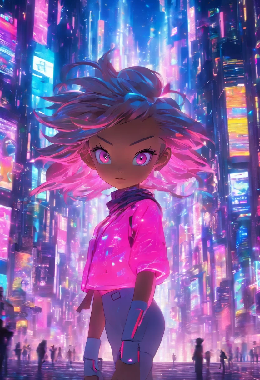 분홍색 눈을 가진 사랑스러운 어린 소녀와 함께 반현실적인 3d 장면을 만들어 보세요 뾰족한 귀 날씬한 몸매 분홍색 머리와 약간 큰 키 축제 기간 동안 미래