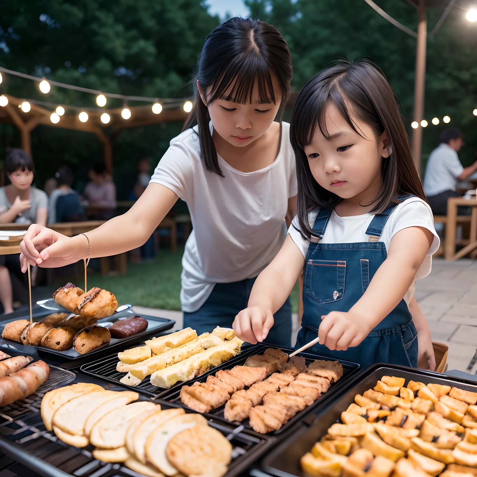 There are two girls standing at a table with a variety of pastries - SeaArt AI