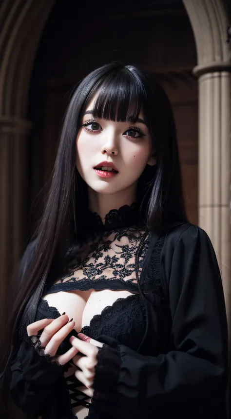 Gothic lolita、Ahegao、｟Skin revealing｠、Breast Pulling Pose、crisp image、absolutely outstanding ...