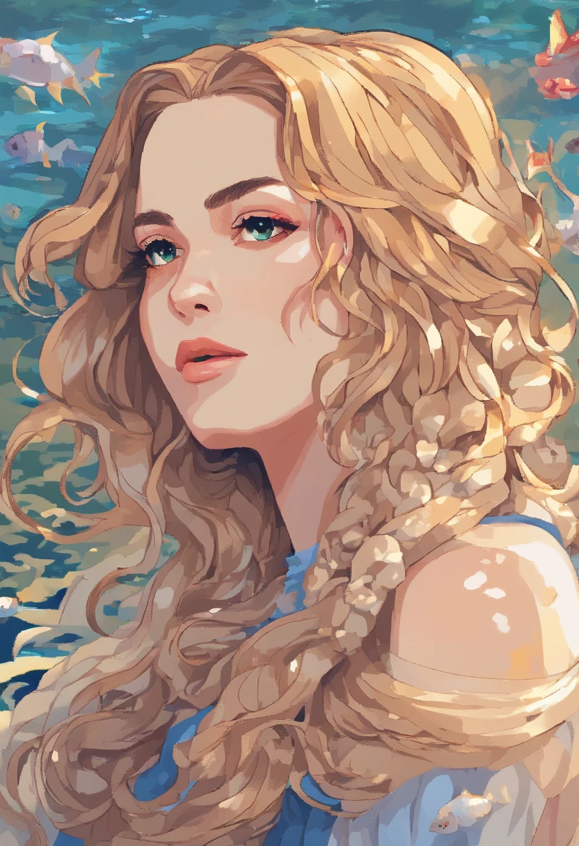 一幅画中有一位身着蓝色长裙、长着金色长发的女子 Seaart Ai