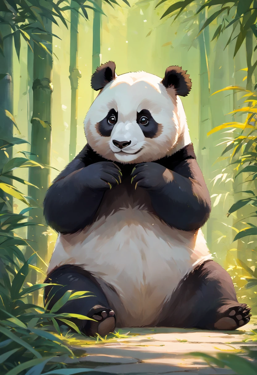 Panda sitting in the bamboo forest with his hands on his chest - SeaArt AI