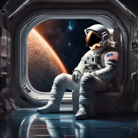 astronaut alone, sad, sitting, with beautiful space background - SeaArt AI