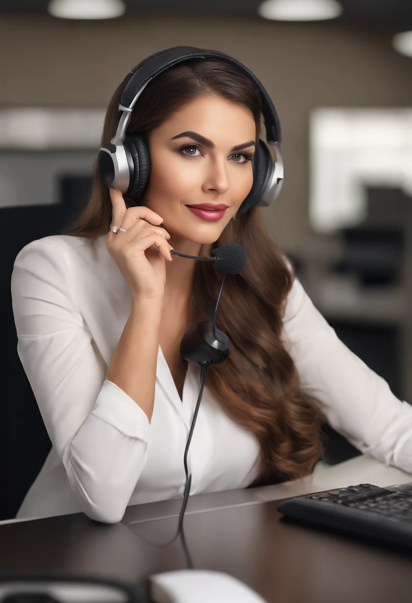 A woman wearing headphones is sitting at a desk with a computer - SeaArt AI