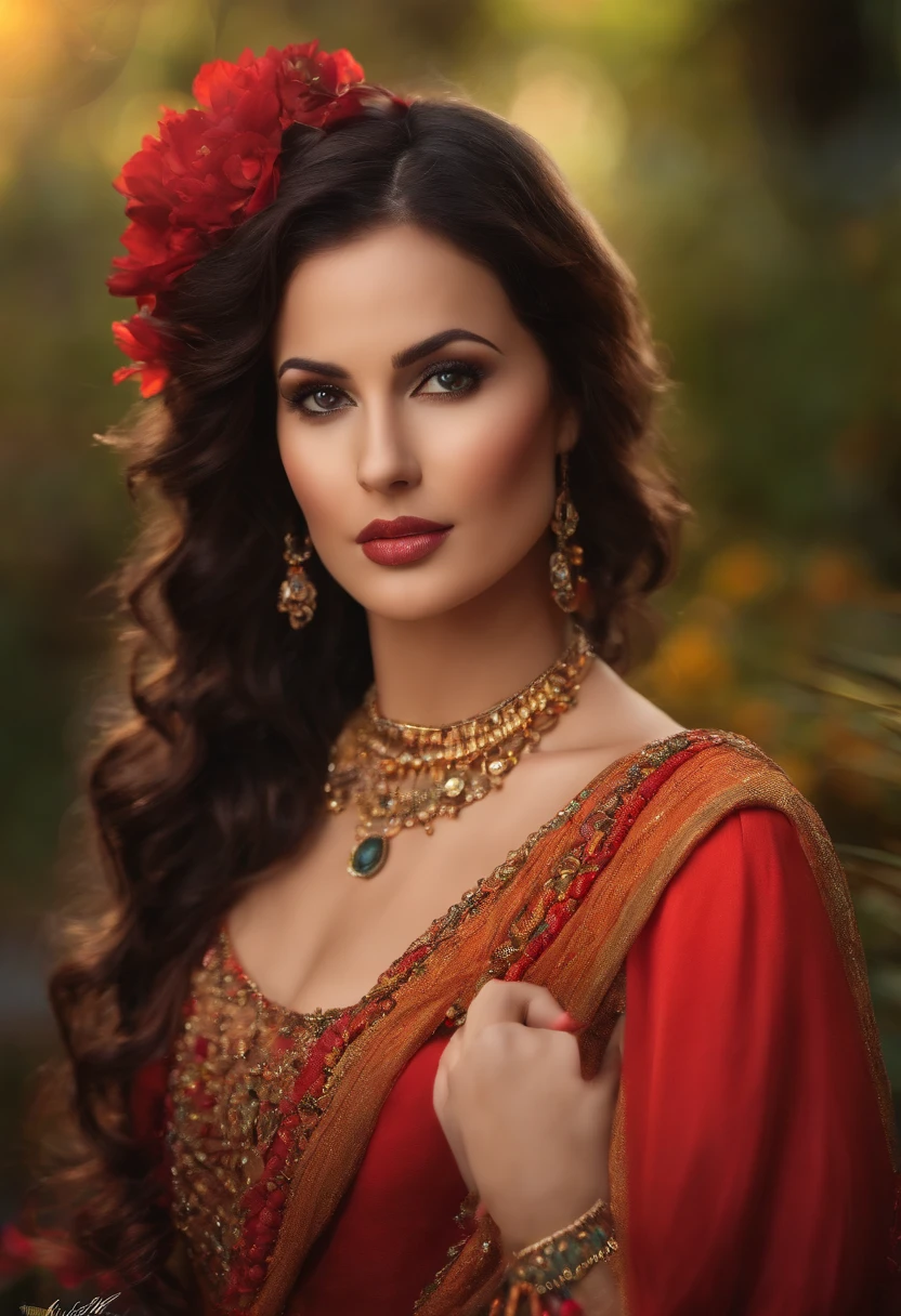 A woman in a red and gold dress with a flower in her hair - SeaArt AI